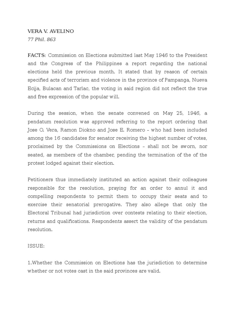 Vera v. Avelino | PDF | United States Congress | American Government