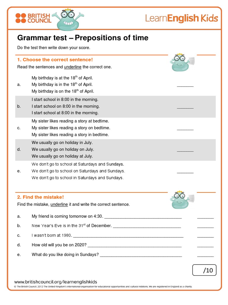 Grammar Tests Prepositions of Time | PDF