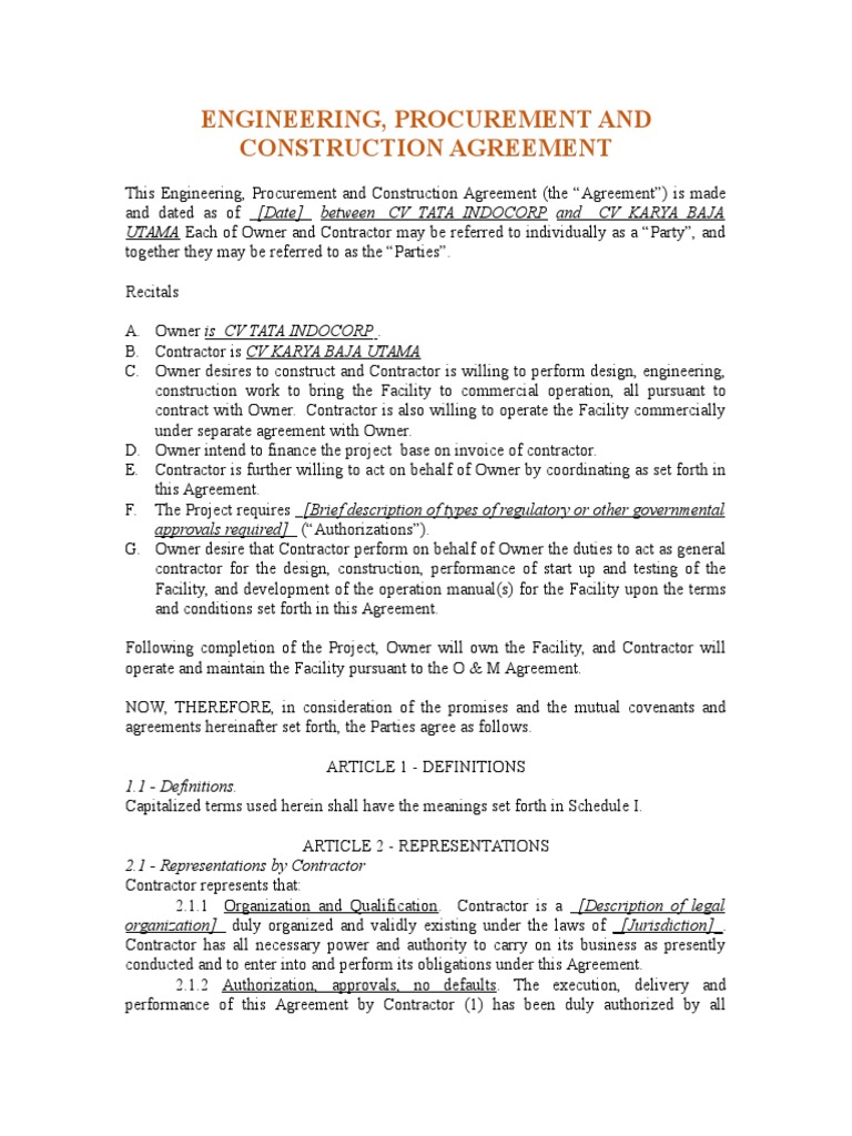 Epc Template Contract | PDF | General Contractor | Quality Assurance