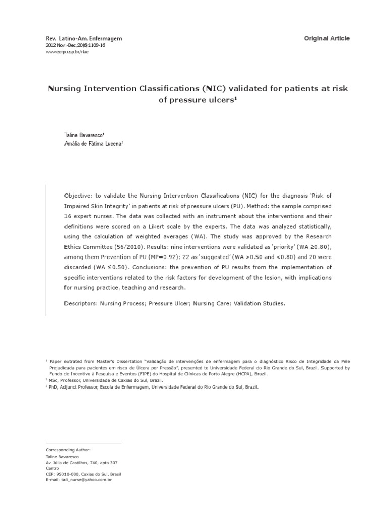 Nursing Intervention Classification (NIC) Validated For Patient at Risk ...