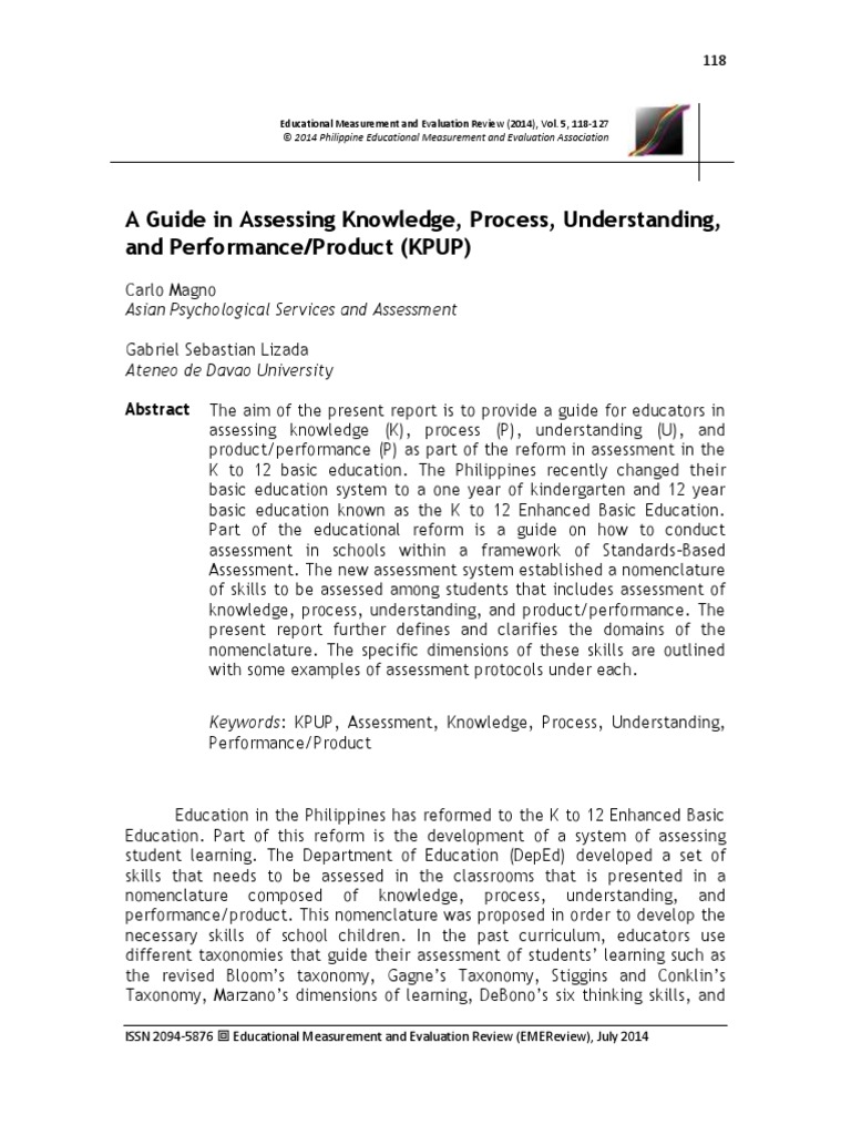 A Guide in Assessing Knowledge, Process, Understanding, and Performance ...