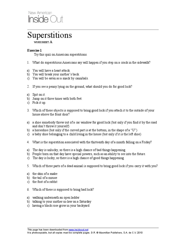 Superstitions - Worksheet | PDF | Luck | Superstitions