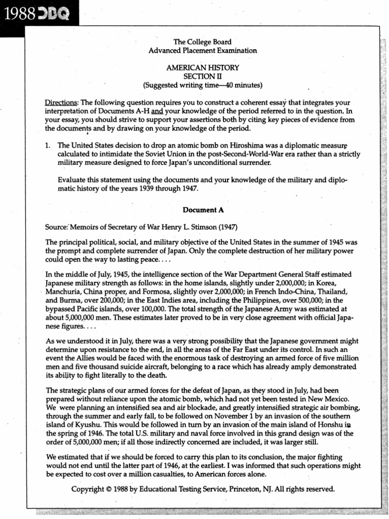 1988 DBQ - Dropping The Atomic Bomb PDF | PDF