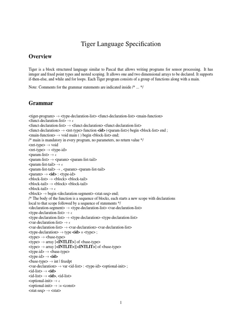 Tiger Language Specification | PDF | Scope (Computer Science) | Parameter (Computer Programming)