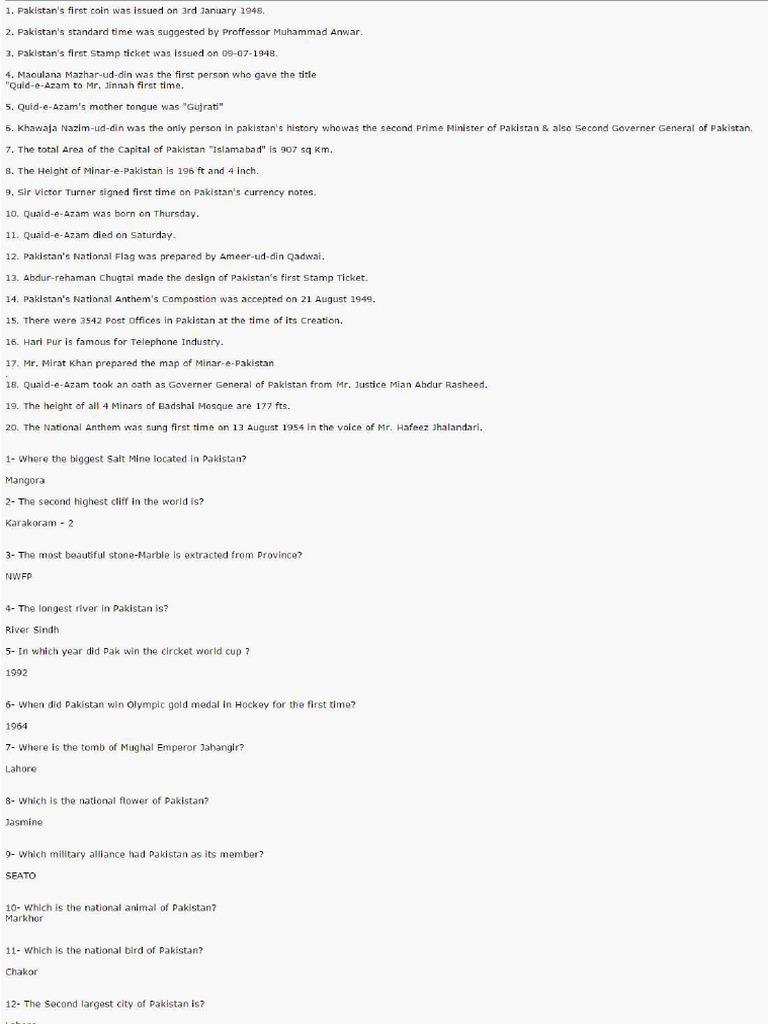 Pakistan General Knowledge Questions Quizz | PDF