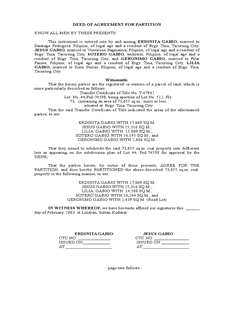 Land Partition Agreement Template | PDF | Deed | Environmental Law