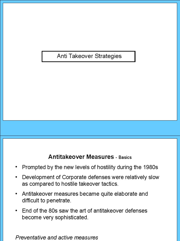 Anti Take Over Strategies | Download Free PDF | Takeover | Stocks