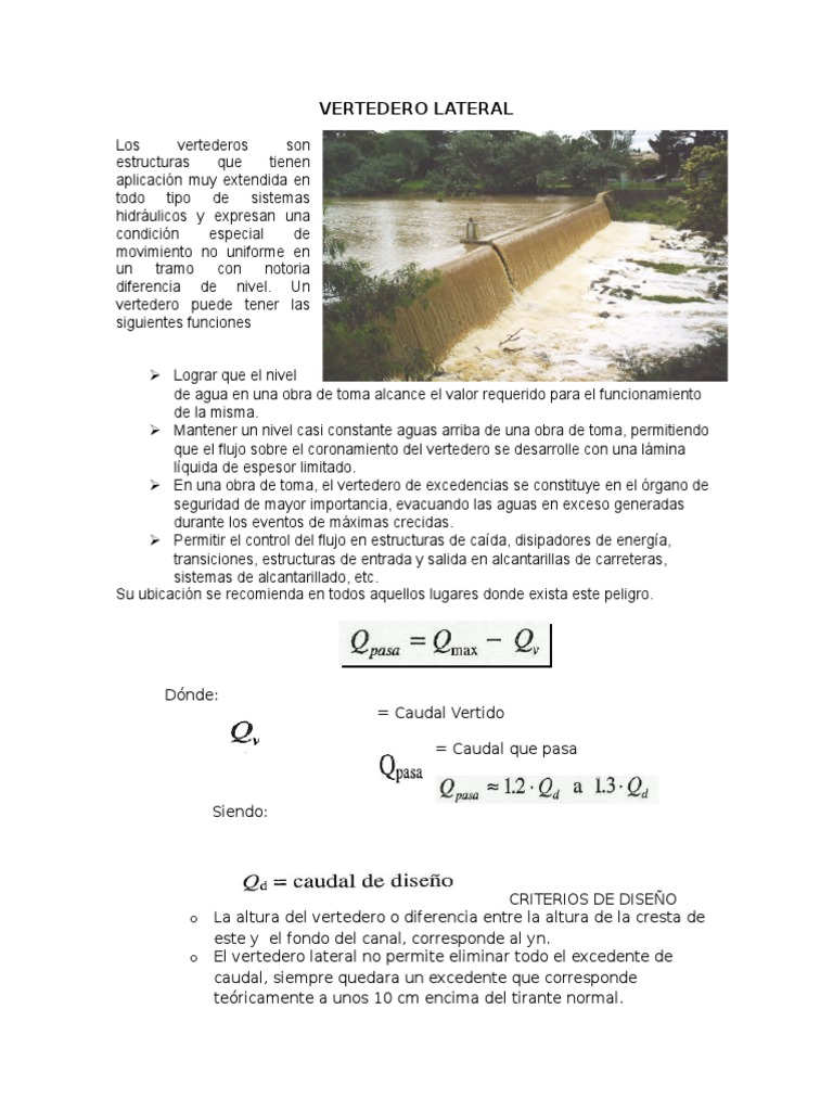 Vertedero Lateral | Descargar gratis PDF | Descarga (hidrología) | Integral