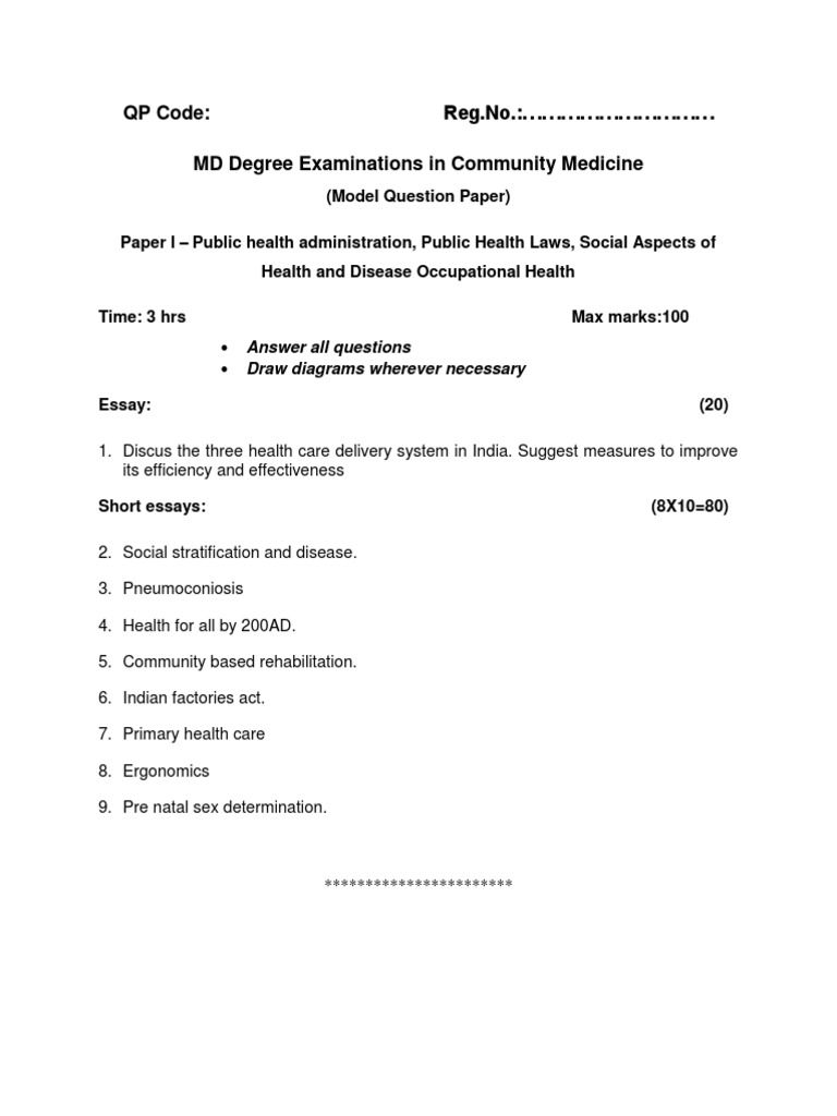 QP Code: Reg - No.: MD Degree Examinations in Community Medicine | PDF ...