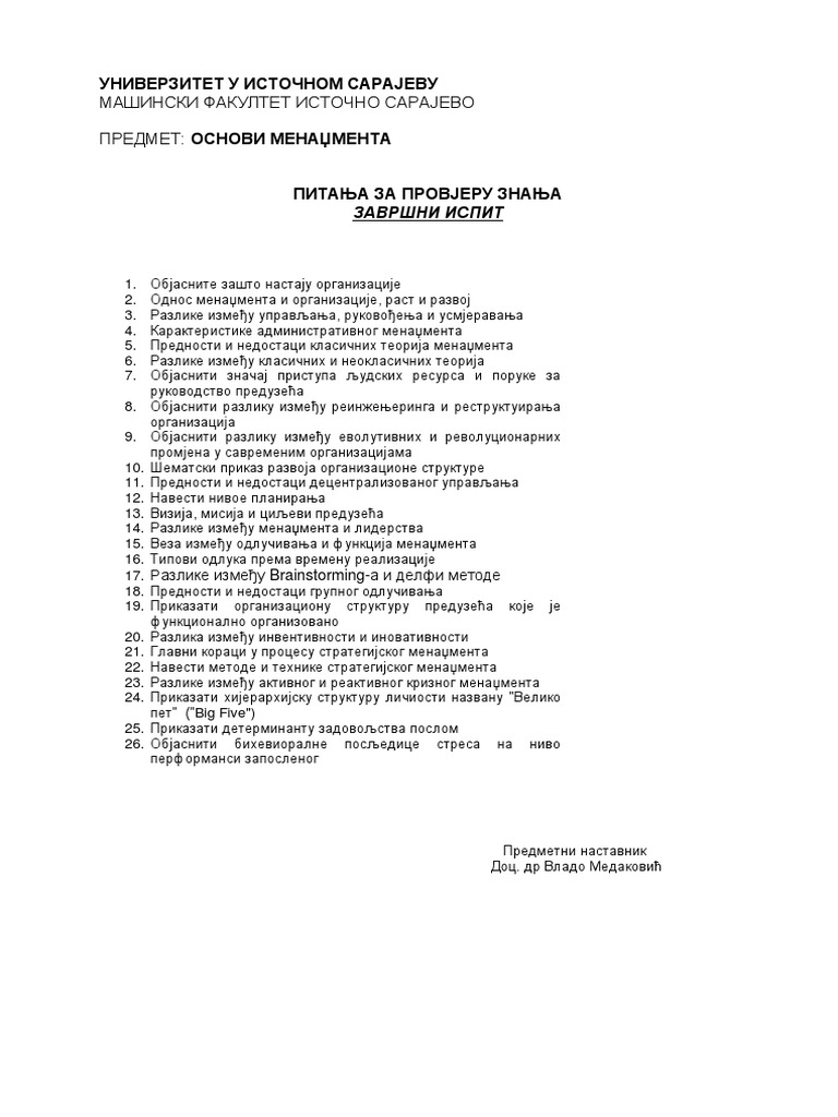 Pitanja Za Zavrsni Ispit | PDF