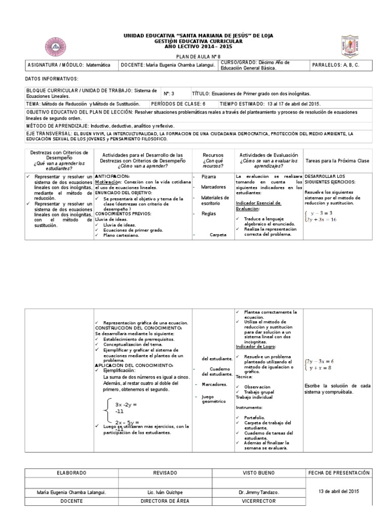 Plan de Clases Matematicas | PDF | Sistema de ecuaciones lineales | Ecuaciones