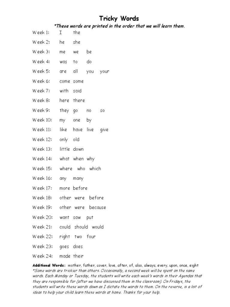 60 Jolly Phonics Tricky Words List Sent Home | PDF