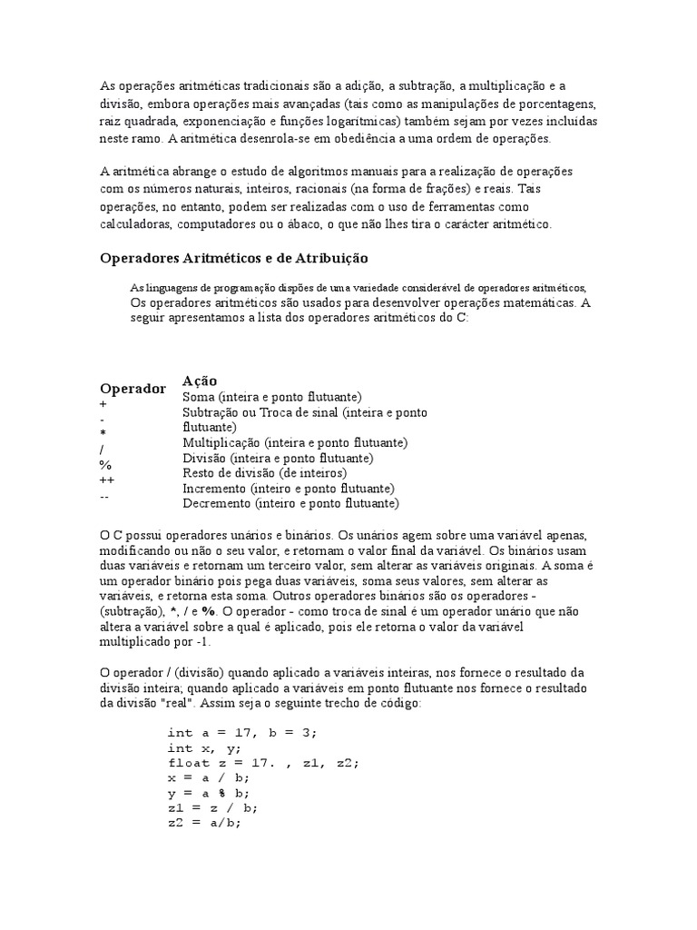 As Operações Aritméticas em C | PDF | Aritmética | Notação