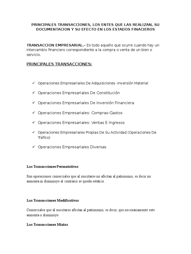Principales Transacciones de la contabilidad | Contabilidad | Business