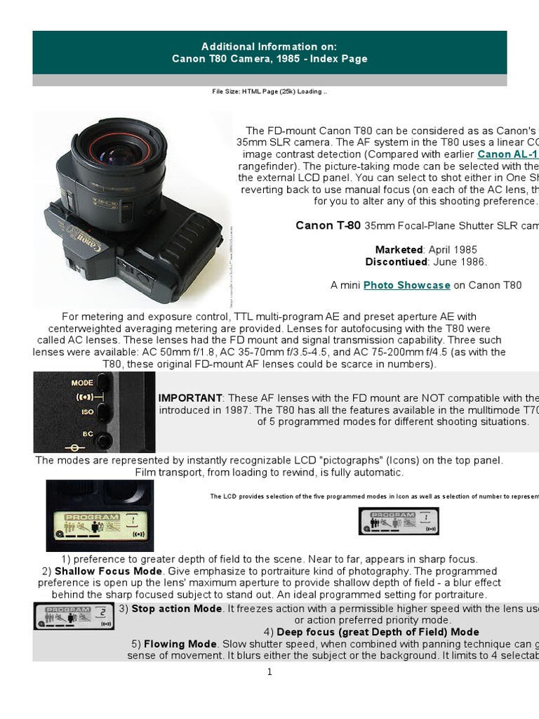 Canon T80 Camera Overview and Features | PDF | Autofocus | Single Lens ...