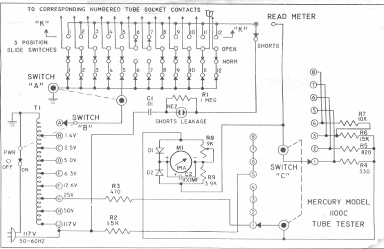 Mercury 1100C Vacuum Tube Tester Schematic | PDF