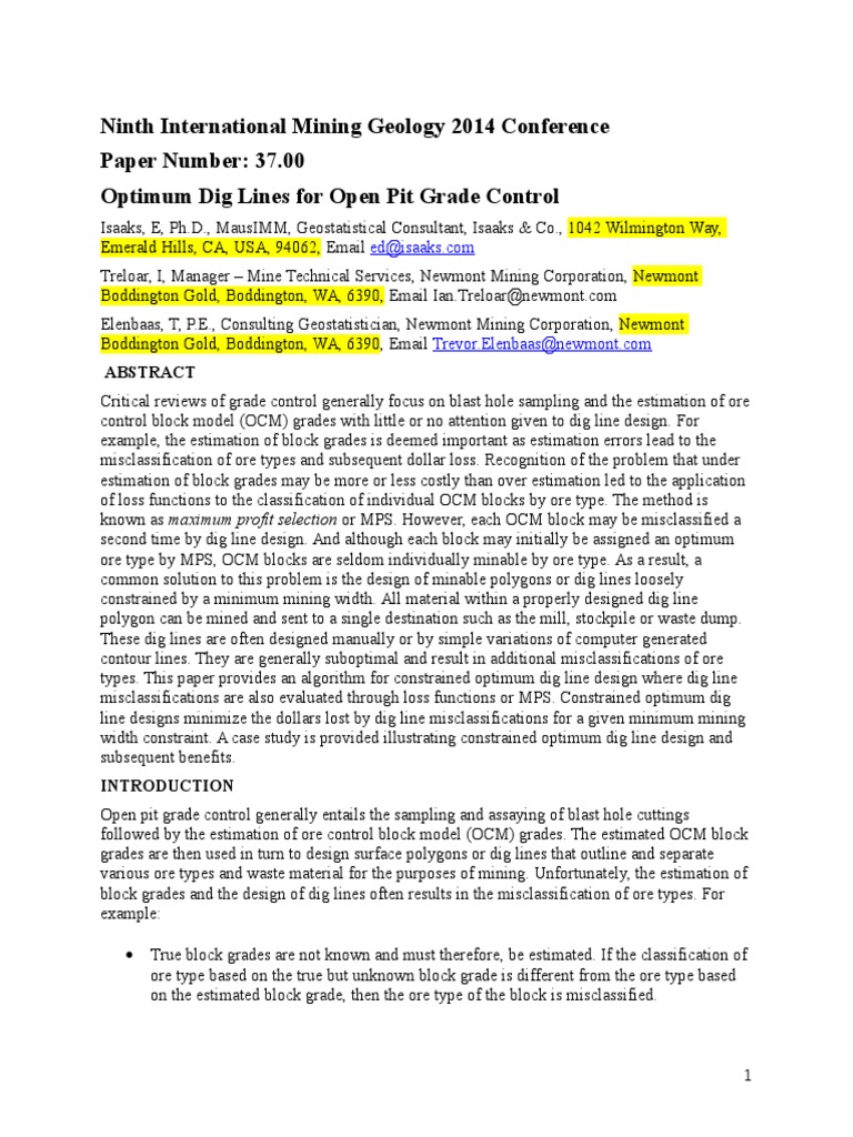 Optimum Dig Lines For Open Pit Grade Control | PDF | Mining | Estimator