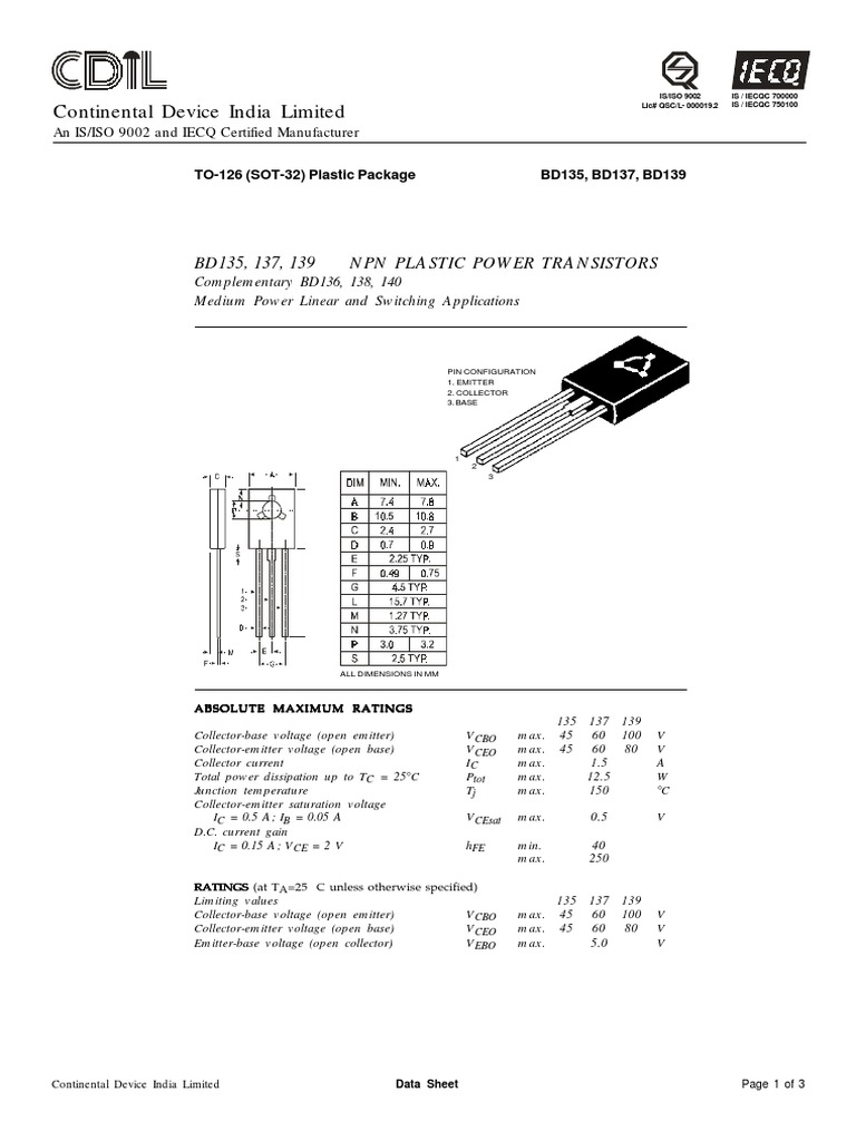 Datasheet BD135, BD137, BD139 | PDF | Bipolar Junction Transistor | Electrical Components