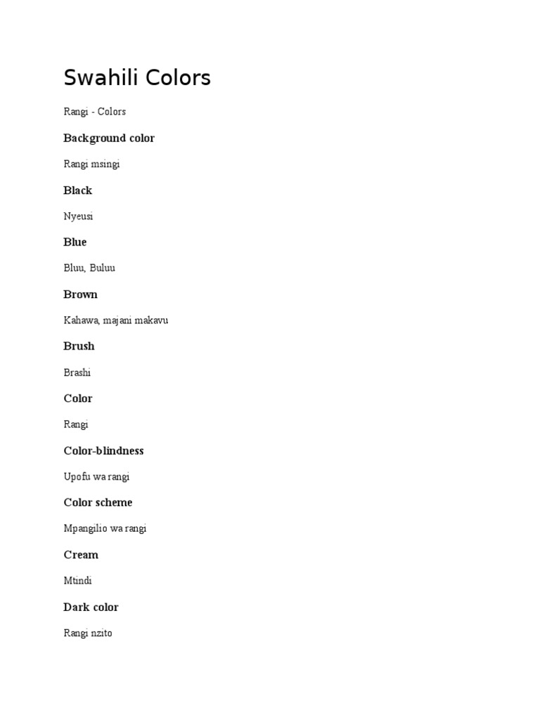 Swahili Colors: Background Color | PDF