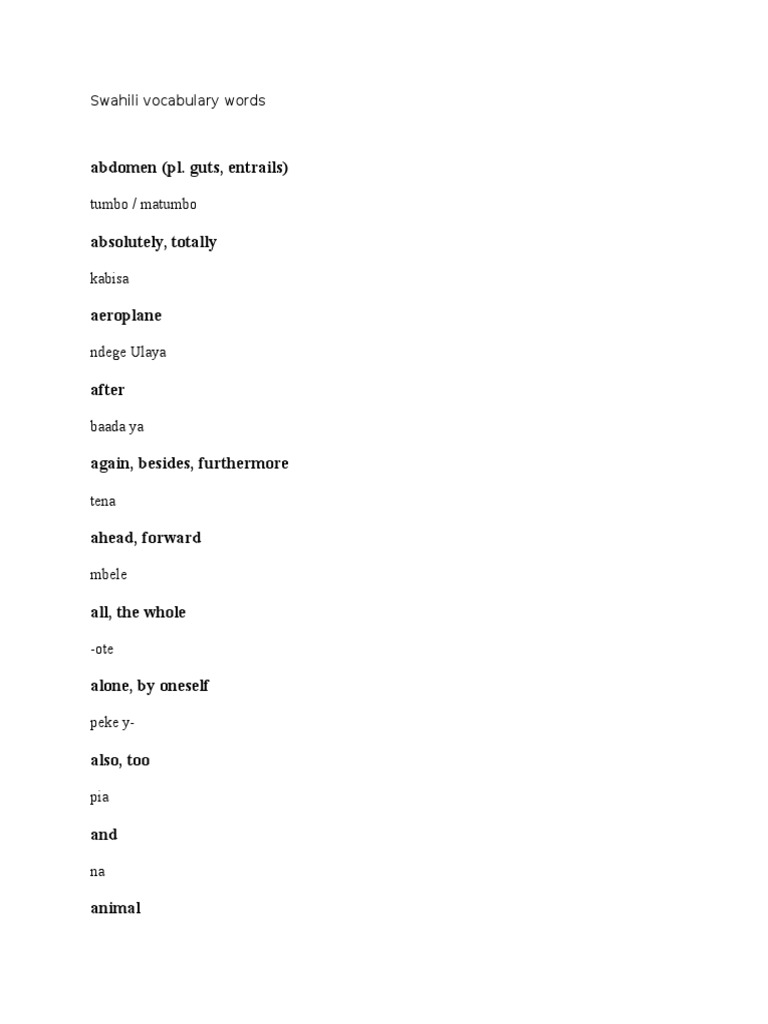 Swahili Vocabulary Words and Phrases for Travel and Daily Life | PDF ...