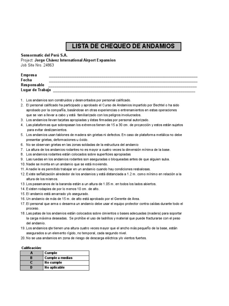 Checklist de Andamios para Inspección | PDF | Andamio | Science