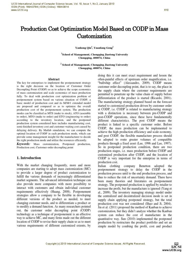 Production Cost Optimization Model Based On CODP in Mass Customization | PDF | Supply Chain ...