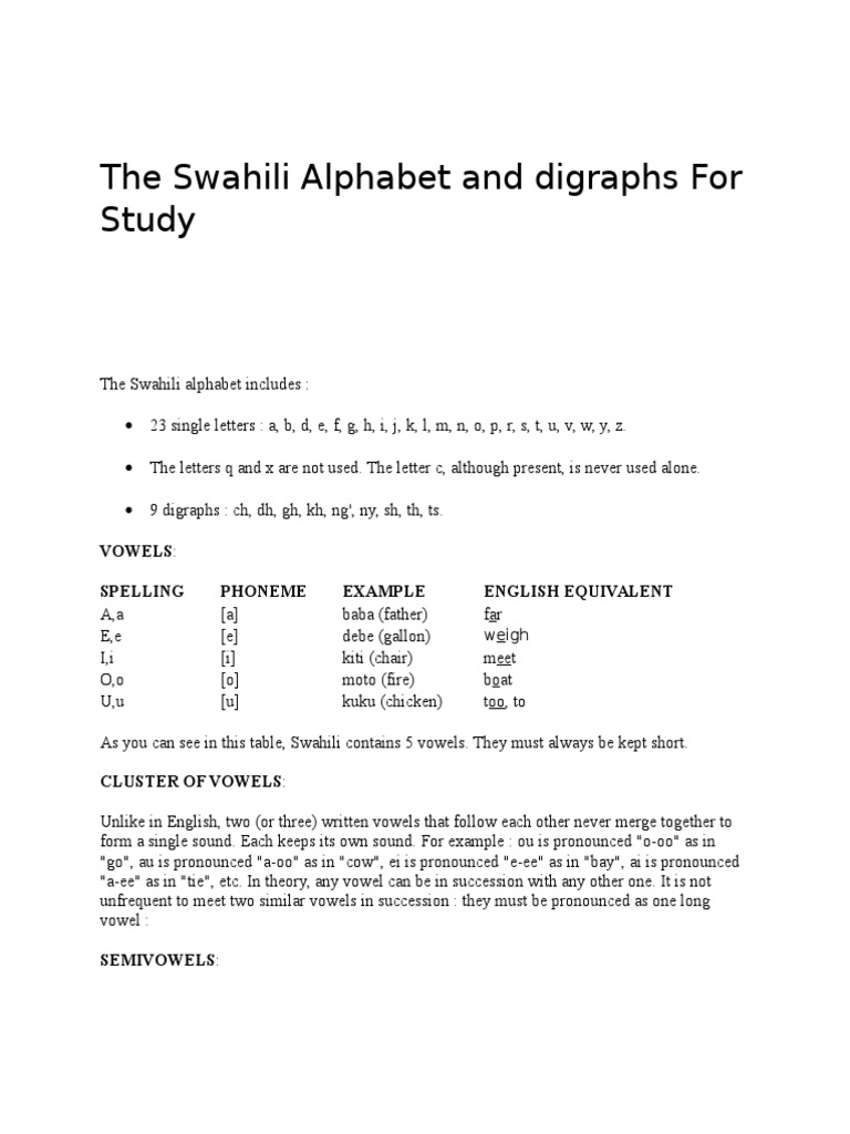 Swahili Alphabet & Digraph Guide | PDF | Consonant | Swahili Language