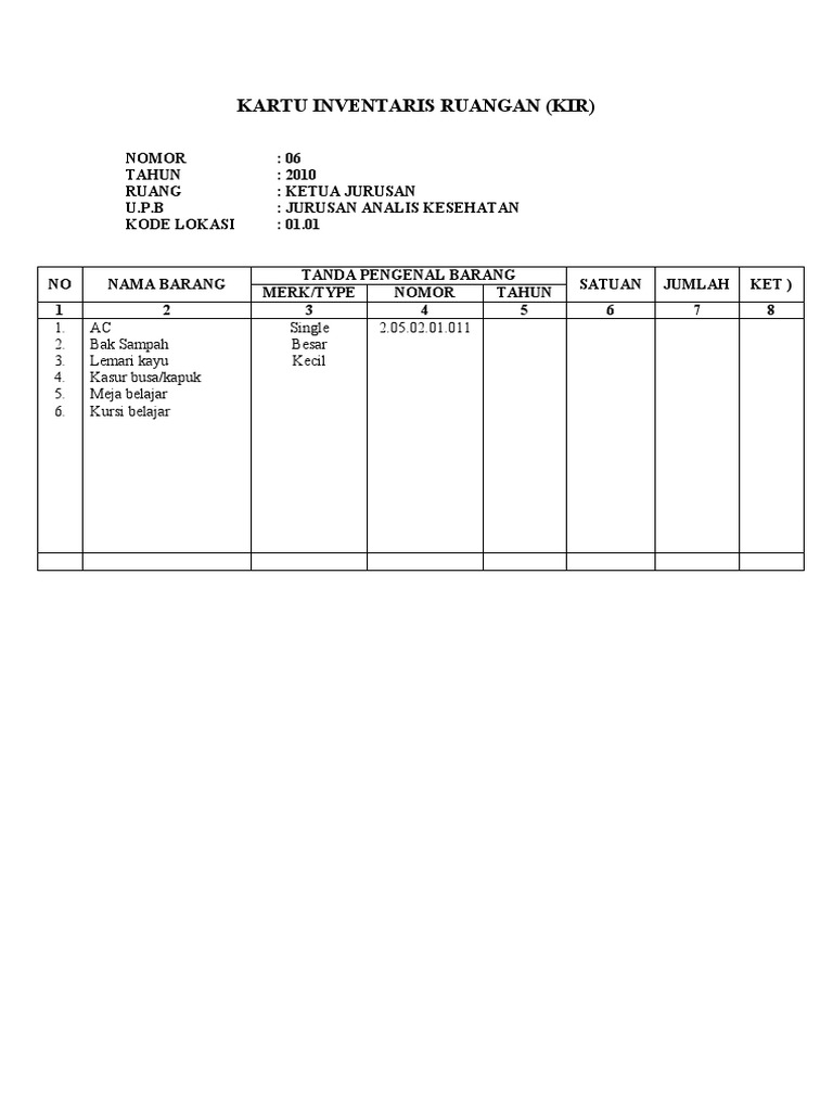 Kartu Inventaris Ruangan (Kir) | PDF