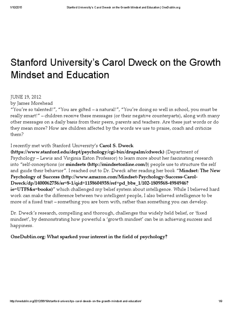 Stanford University's Carol Dweck On The Growth Mindset and Education ...