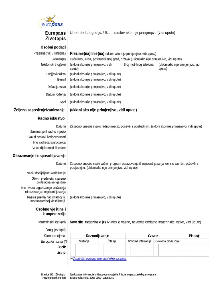 Europass CV Biografija Zivotopis Primjer | PDF