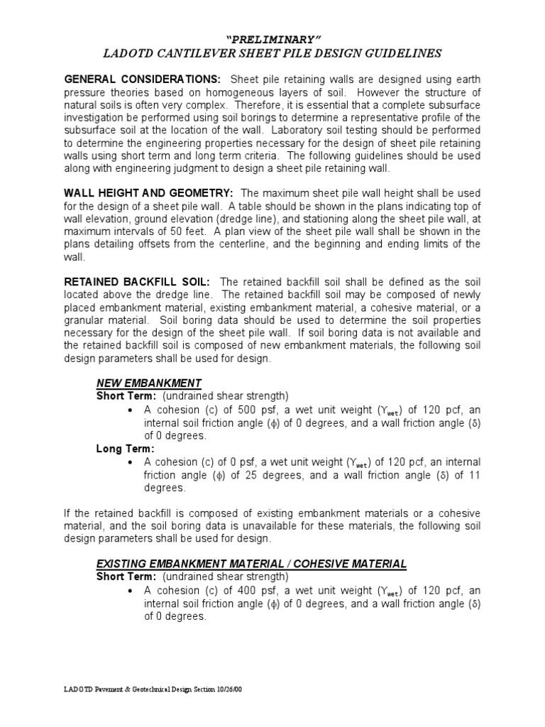 LADOTD Sheet Pile Design Guidelines | PDF | Deep Foundation ...