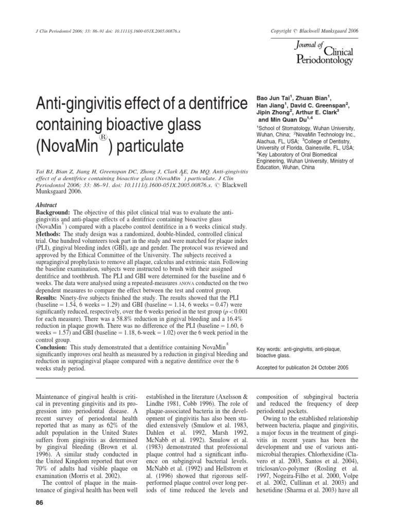 Anti-Gingivitis Effect of A Dentifrice Containing Bioactive Glass ...