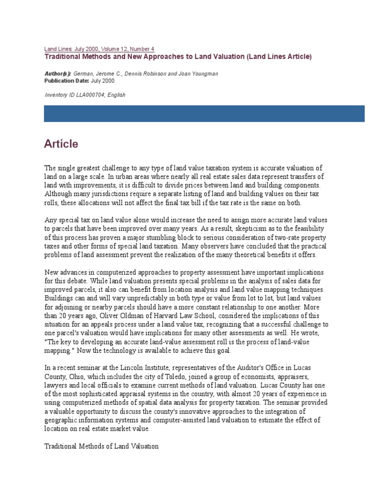 Traditional Methods Land Valuation | PDF | Real Estate Appraisal ...