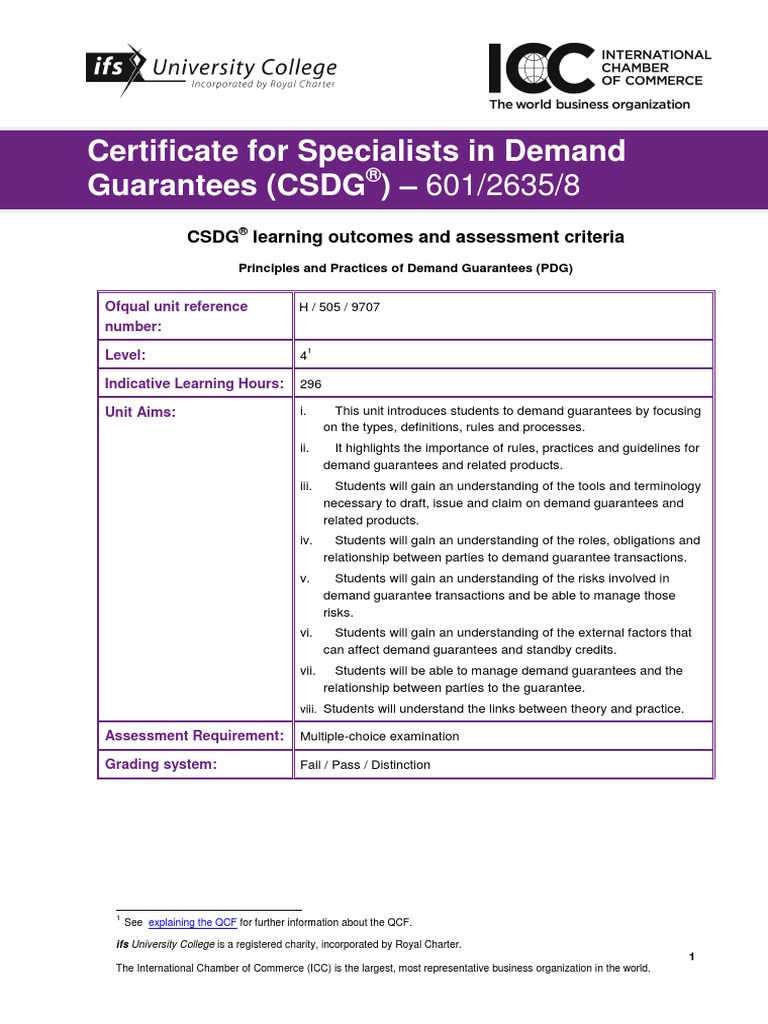Certificate For Specialists In Demand Guarantees CSDG 601 2635 8