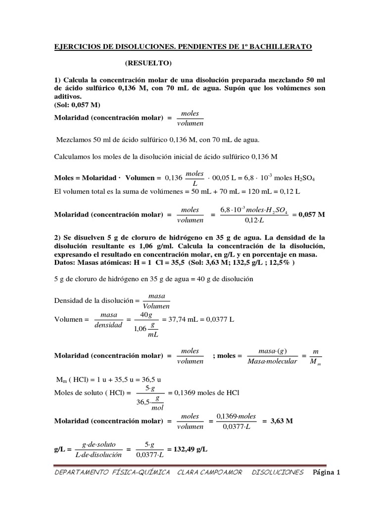 EJERCICIOS RESUELTOS DISOLUCIONES.pdf | Concentración | Mole (Unidad)