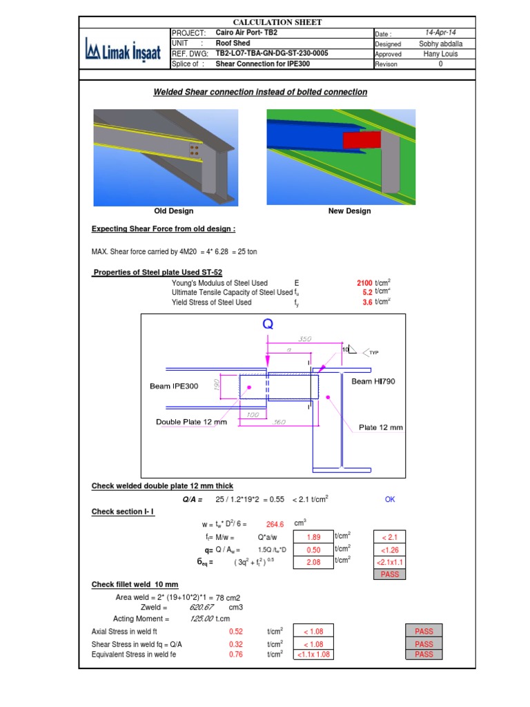 Welded Shear Connection Instead of Bolted Connection: Calculation Sheet ...