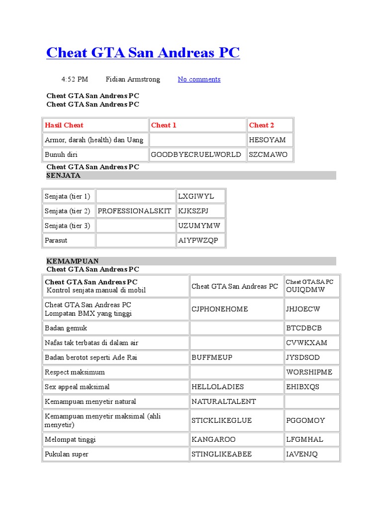 GTA San Andreas PC Cheats Guide | PDF