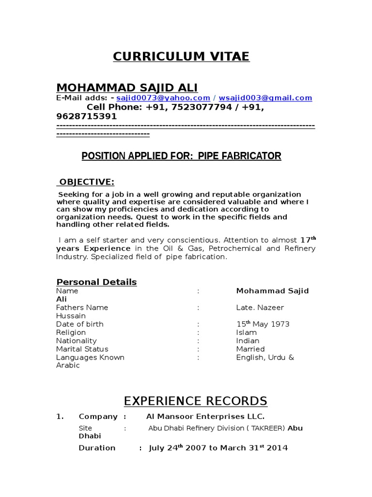 Curriculum Vitae: Mohammad Sajid Ali | PDF | Metal Fabrication | Pipe (Fluid Conveyance)