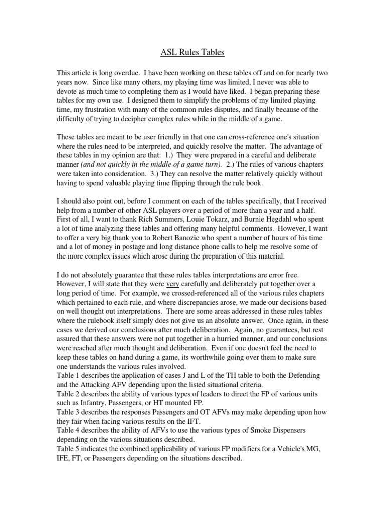 ASL Rules Tables | PDF | Armoured Fighting Vehicles | Military Science