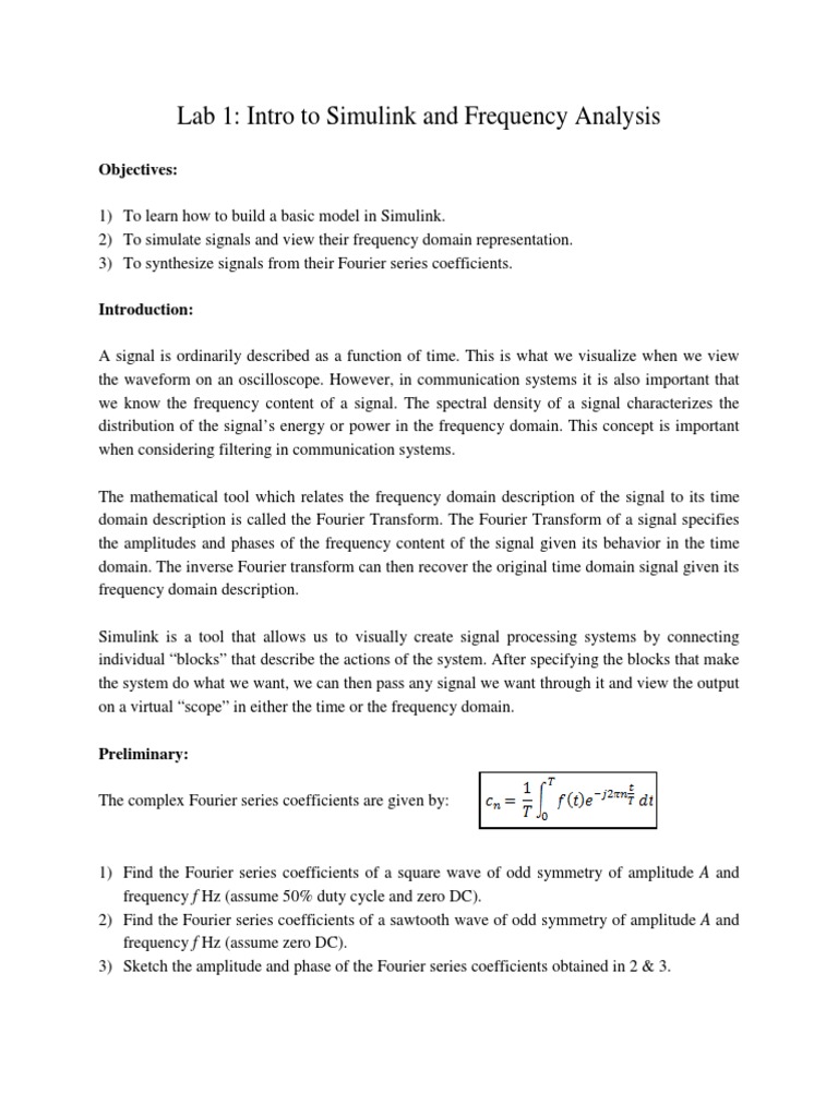 Lab 1 - Intro To Simulink and Frequency Analysis | PDF | Spectral ...