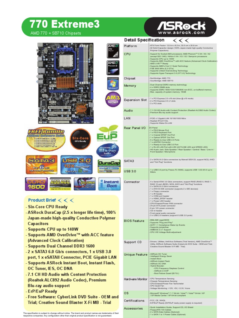 770 Extreme3: AMD 770 + SB710 Chipsets | Download Free PDF | Bios | Advanced Micro Devices
