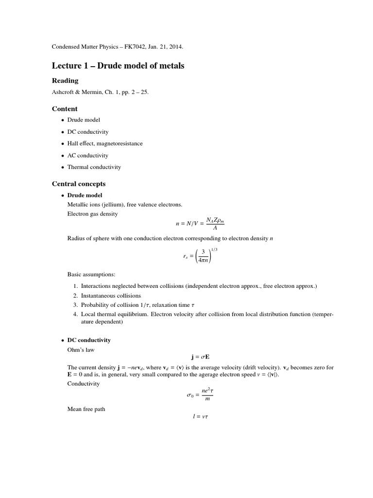 Drude Model of Metals Overview | PDF