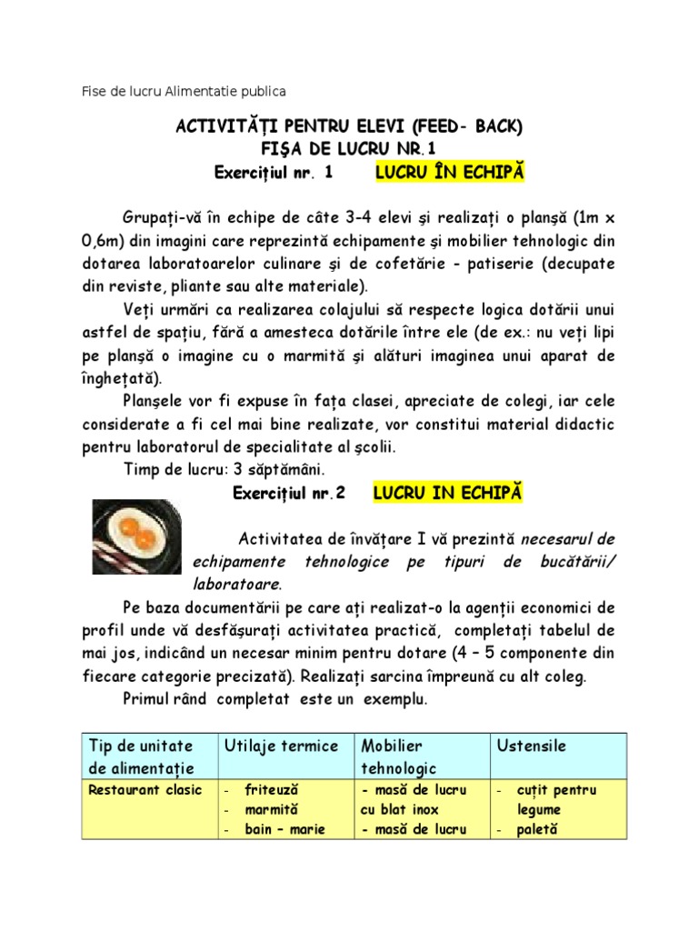 Fise de Lucru Alimentatie Publica | PDF