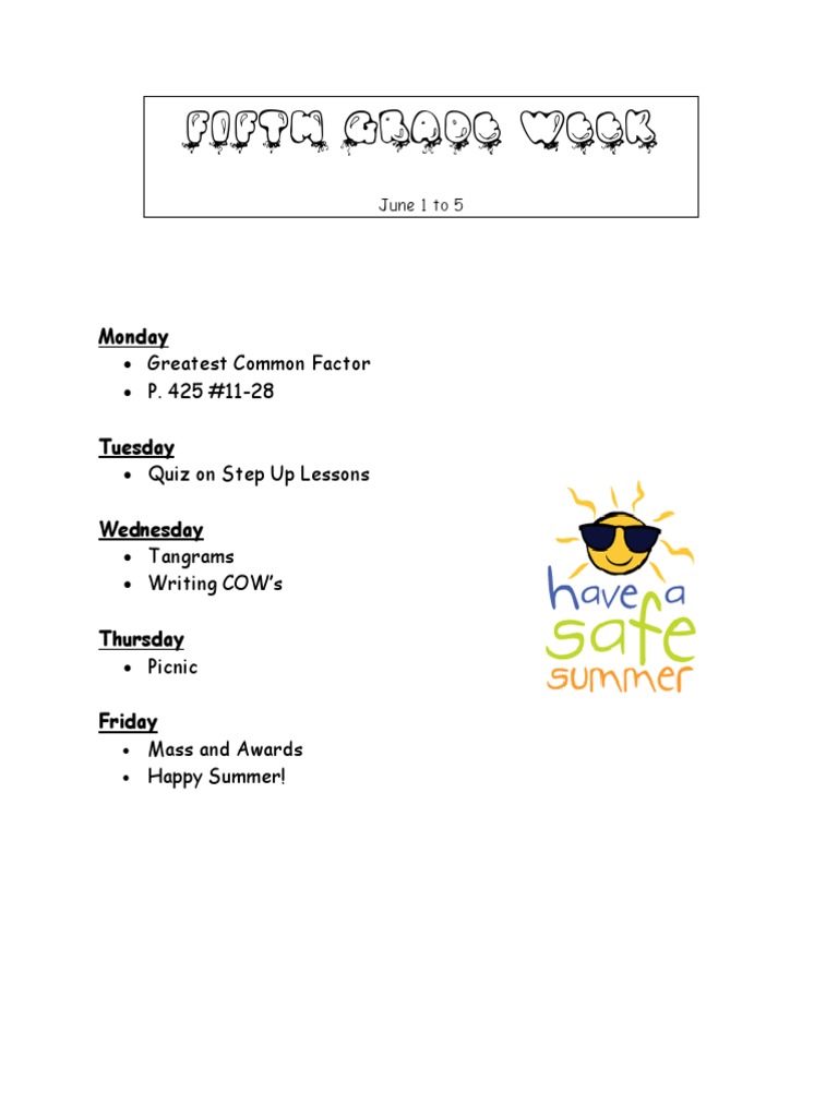 Fifth Grade Weekly Activities Schedule | PDF
