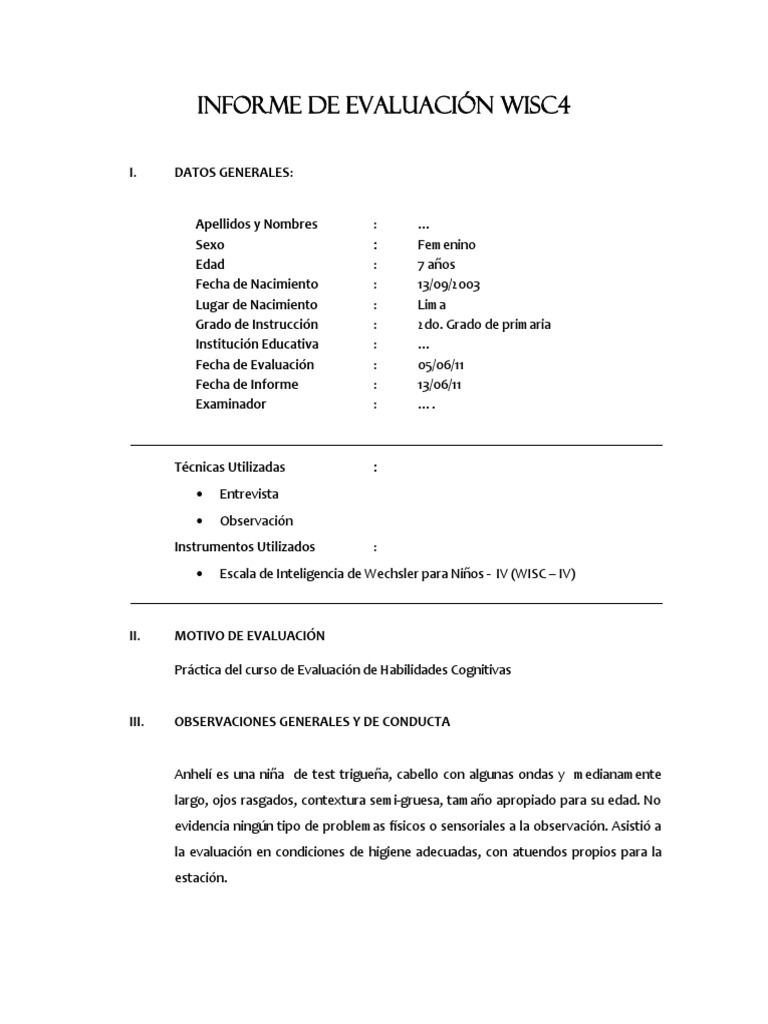 Informe Wisc IV | PDF | Memoria | Cociente de inteligencia