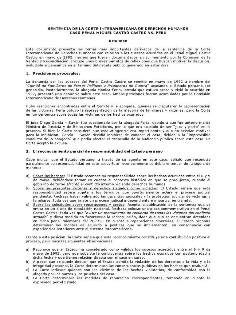Caso Castro Castro - Resumen | PDF | Violación | Derechos humanos