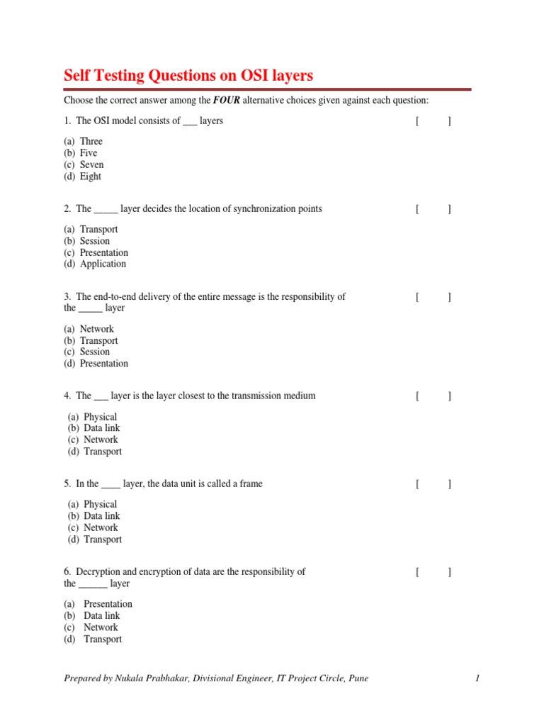 OSI Layers Self-Test Questions | PDF | Osi Model | Communications Protocols