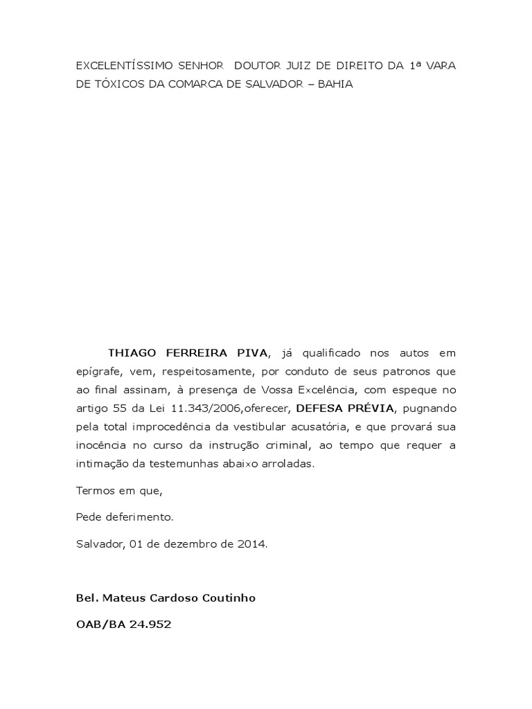 Modelo Defesa Prévia | PDF | Direito