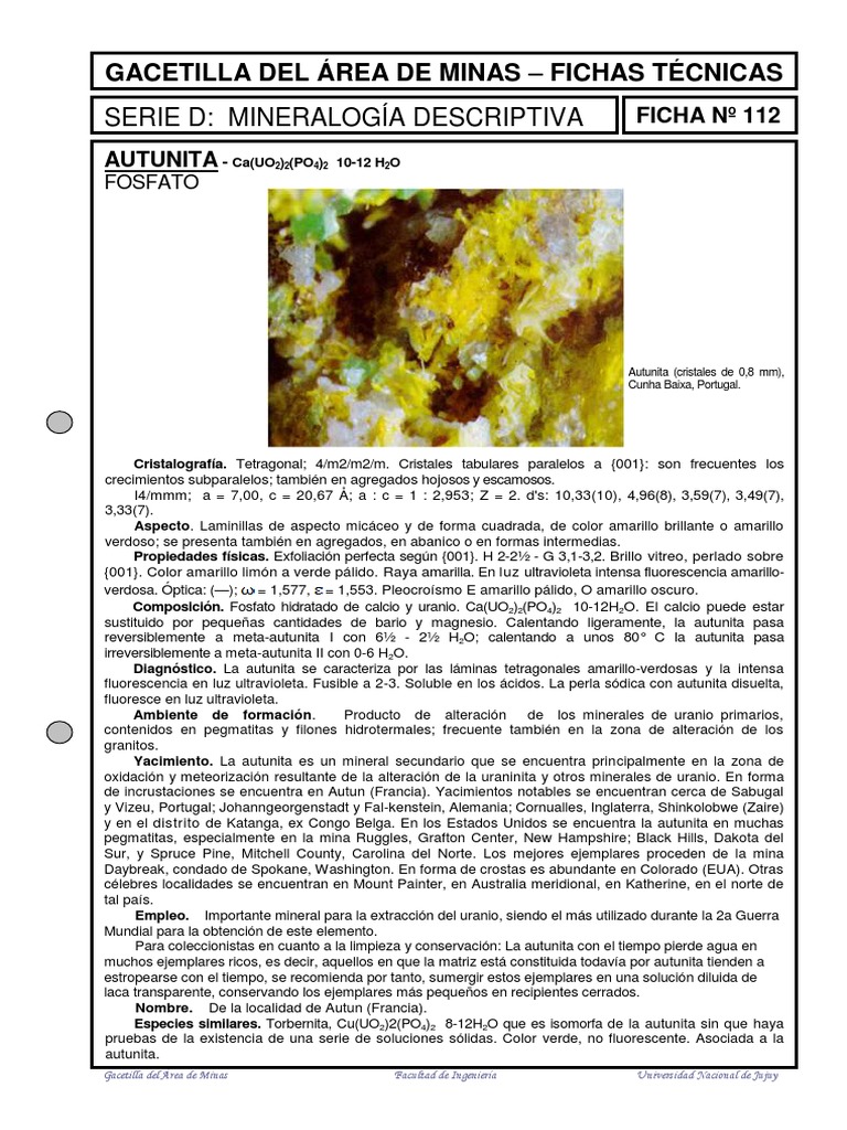 Ficha técnica de la Autunita mineral | PDF | Minerales | Sólidos ...