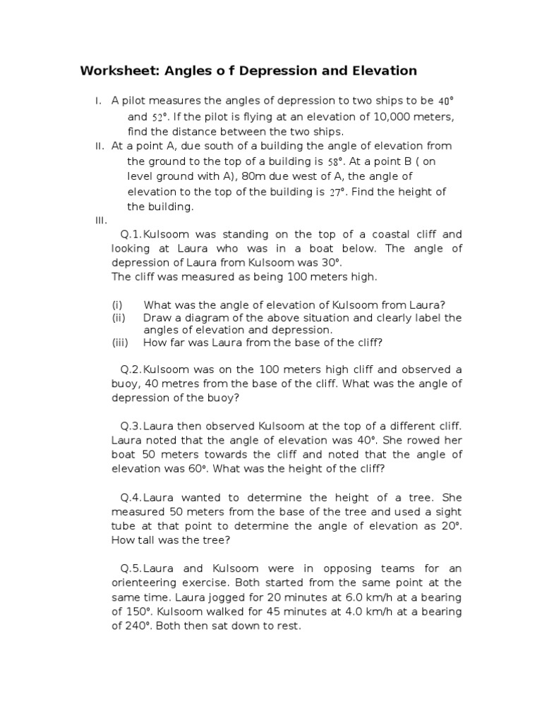Angles of Elevation and Depression Worksheet | PDF | Social Science ...